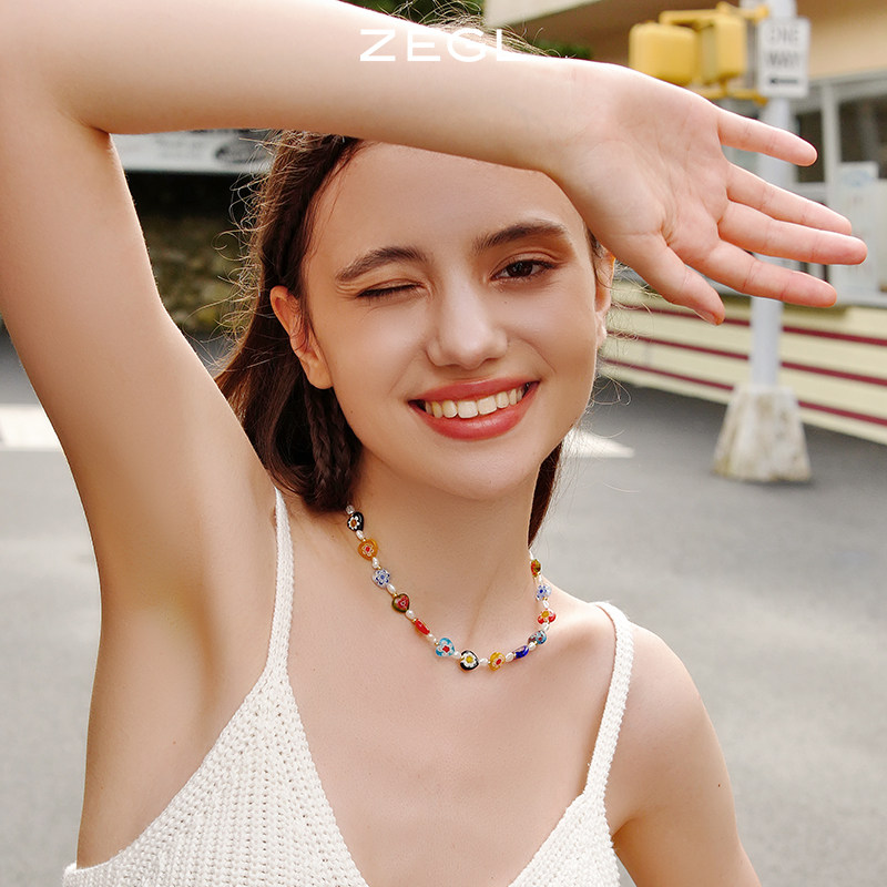 ZEGL爱心琉璃花朵项链女淡水珍珠轻奢小众五一出游度假风锁骨颈链_虎窝淘