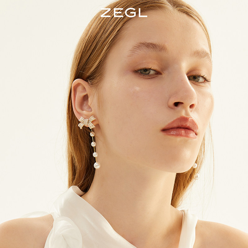 ZEGL蝴蝶结珍珠耳环女高级感耳钉耳夹无耳洞银针流苏长款法式耳饰_虎窝淘