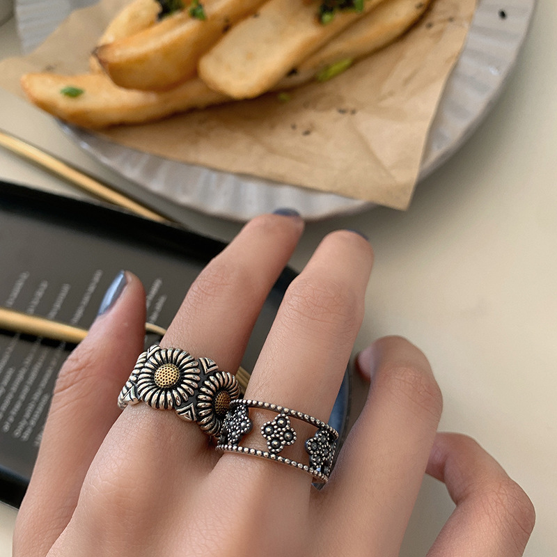 泰银小雏菊戒指女s925纯银复古太阳花食指戒朋克开口指环学生手饰_虎窝淘