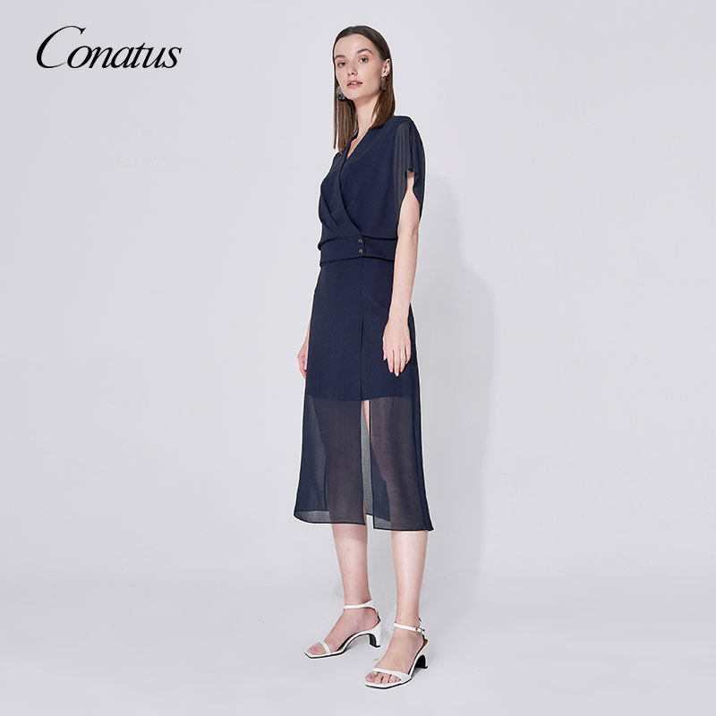 CONATUS/珂尼蒂思女装夏季通勤高腰开叉气质优雅包臀雪纺半身裙_虎窝淘