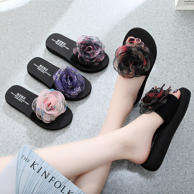 Bzbz新款海边花朵沙滩拖鞋女夏厚底防滑一字拖鞋外穿时尚平底凉拖_虎窝淘