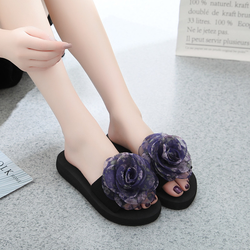Bzbz新款海边花朵沙滩拖鞋女夏厚底防滑一字拖鞋外穿时尚平底凉拖_虎窝淘