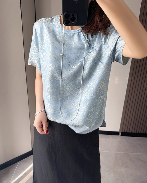 Elegant temperament! Blue silk jacquard slanted placket button new ...