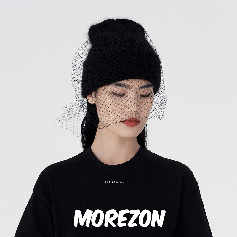 MOREZON【SHINE LI】秋冬潮人休闲百搭兔毛混纺网纱蝴蝶结针织帽_虎窝淘