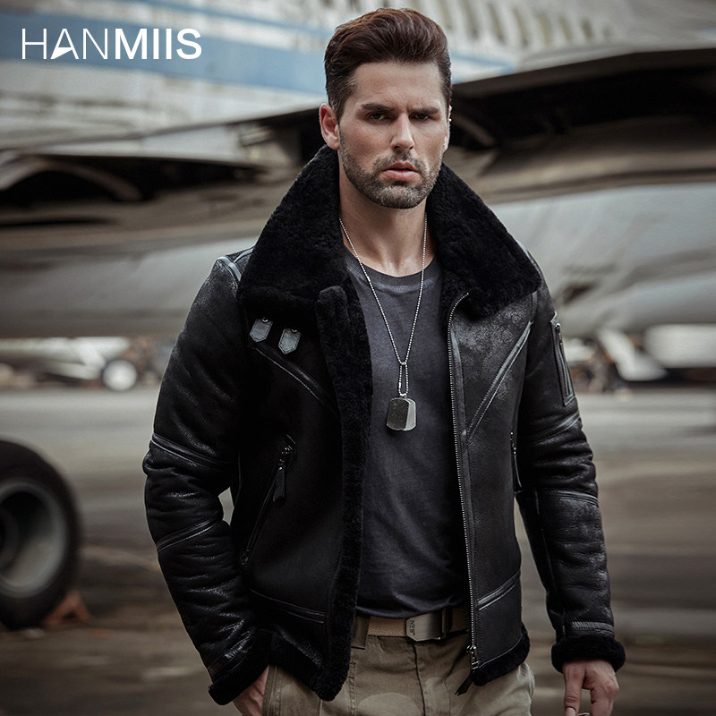 HMS B3印字绵羊皮毛一体男士机车皮草冬外套真皮皮衣男皮夹克_虎窝淘