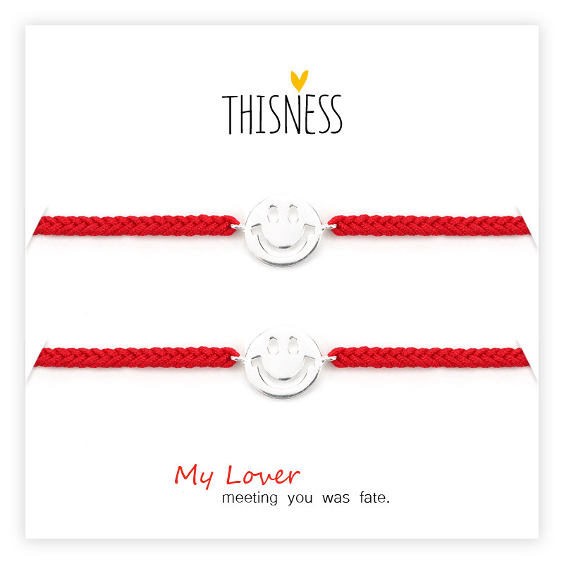 THISNESS情侣专辑纯银笑脸红绳黑绳编织手链2件装_虎窝淘