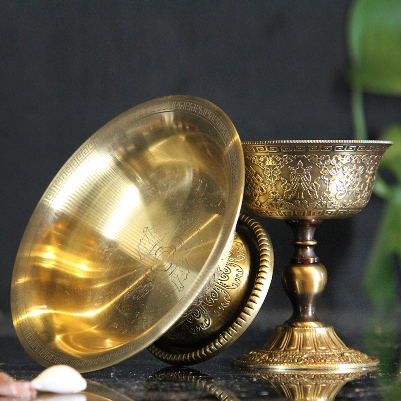 藏传密宗佛具用品纯黄铜护法杯供杯八吉祥雕刻圣水杯家用摆件12cm_虎窝淘