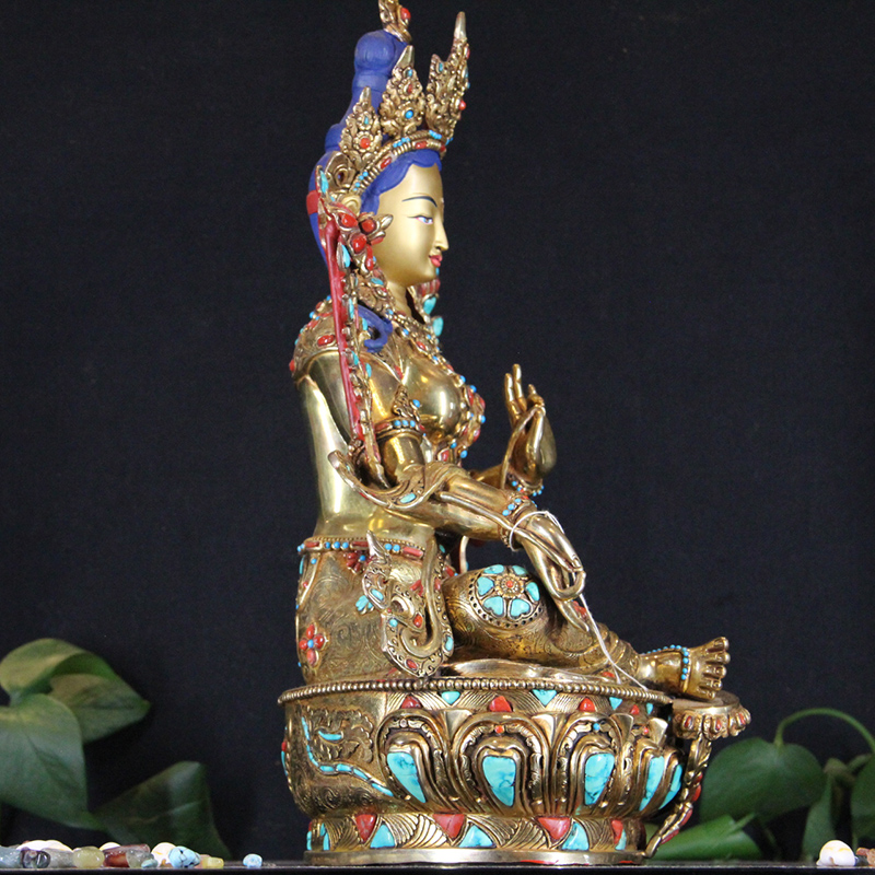 藏传密宗供奉绿度母佛像尼泊尔释迦族纯铜鎏金西藏客厅摆件40cm_虎窝淘