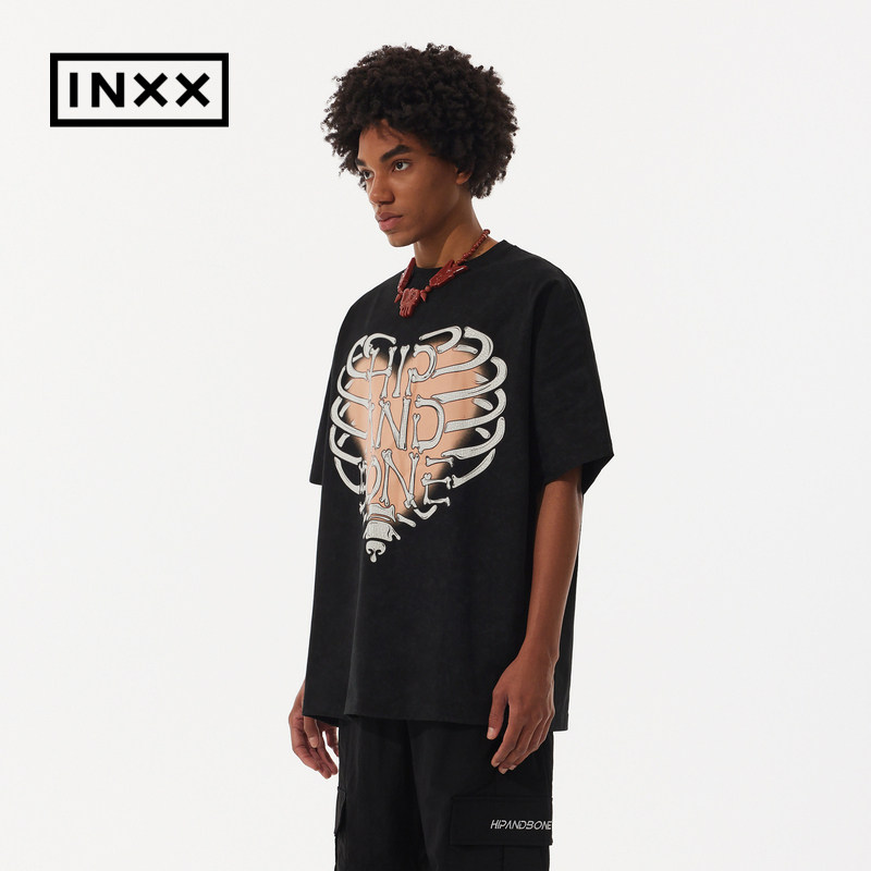 【INXX】 HIP AND BONE明星同款爱心骨头印花短袖T恤五分袖_虎窝淘