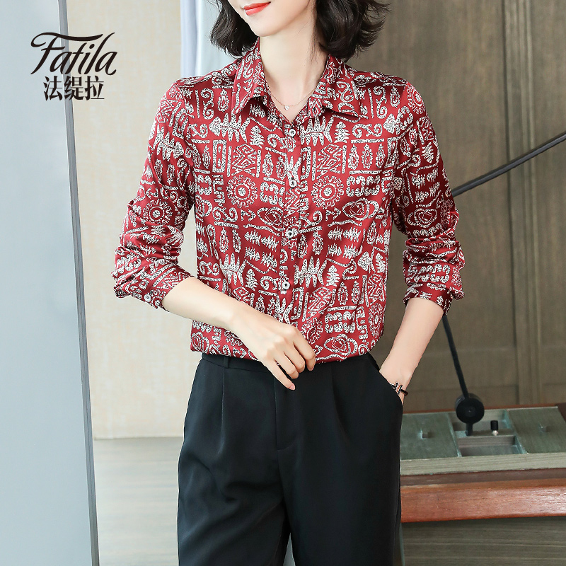 红色重磅真丝衬衫女长袖秋装2021年新款女缎面印花桑蚕丝上衣气质_虎窝淘