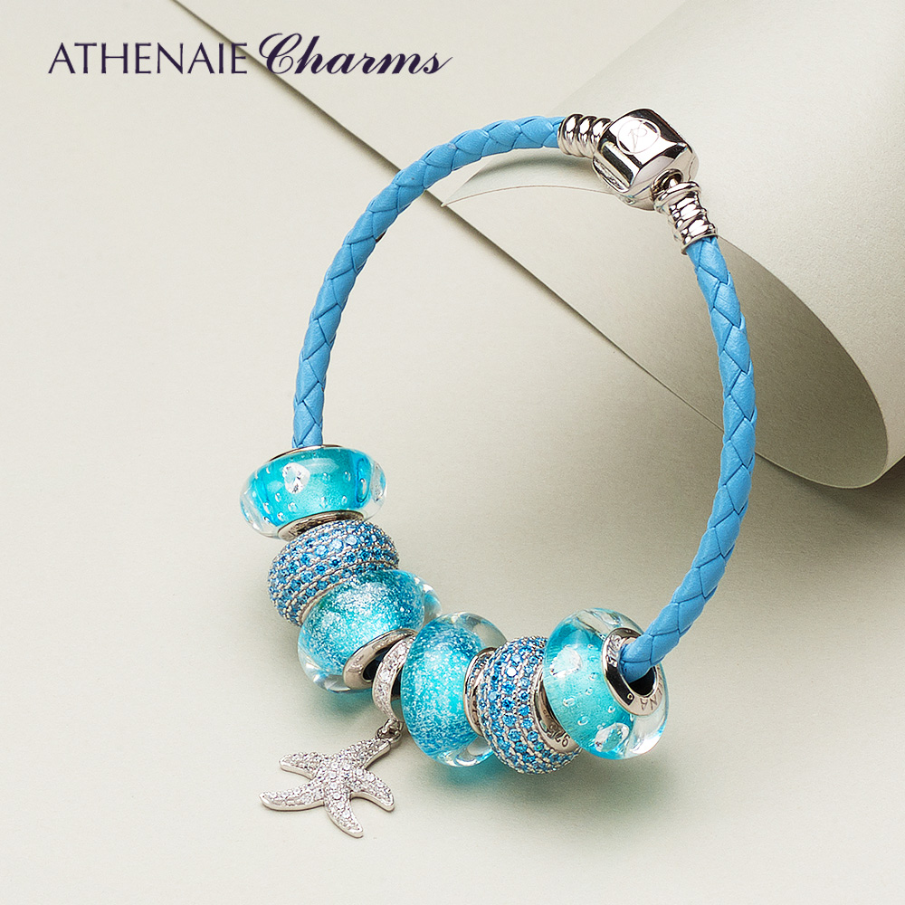 ATHENAIE天蓝色925银镀白金锁扣编织皮绳DIY情侣手链手工材料_虎窝淘