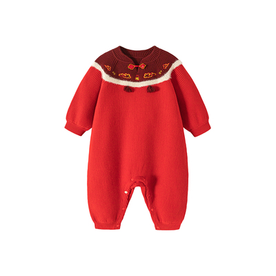 迷你巴拉女宝宝新年针织连体衣