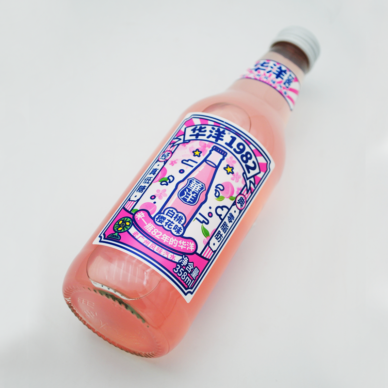 华洋1982白桃樱花味358ml玻璃瓶装果味汽水碳酸饮料_虎窝淘