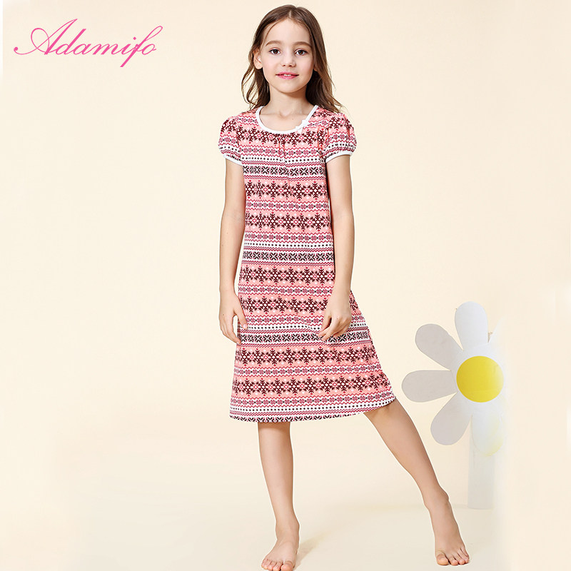 Adamifo女童睡衣睡裙短袖春夏季纯棉中大儿童薄款家居服全棉睡裙_虎窝淘