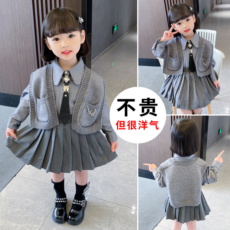 jk女宝宝洋气套装百褶裙学院风三件套女童春装童装裙子女孩三岁_虎窝淘