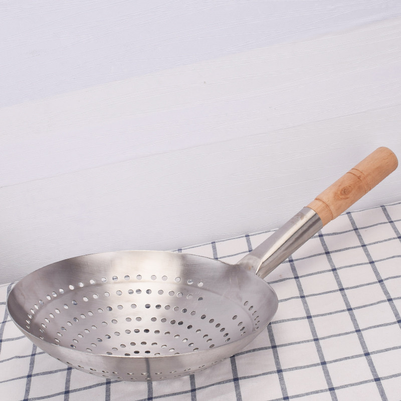 厨师用大漏勺家用不锈钢隔油漏勺大号油炸漏勺商用加长木柄漏壳_虎窝淘