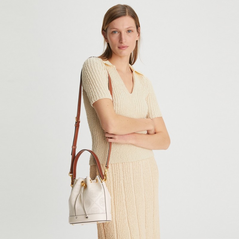 【12期免息】TORYBURCH汤丽柏琦 T MONOGRAM中号冲孔水桶包80768_虎窝淘