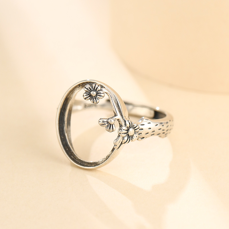 S925纯银男女戒指空托复古梅花diy戒托空托绿松石银托戒指托12*15_虎窝淘