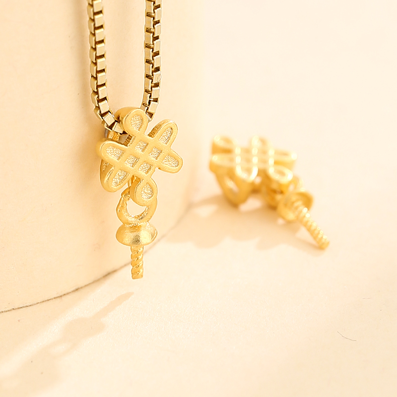 S925纯银镀18k金珍珠吊坠空托手工diy配件复古中国结项坠托圆珠托_虎窝淘