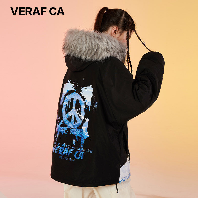 VERAF CA潮牌雪山反战印花棉衣棉服男冬季情侣装毛领连帽加厚外套_虎窝淘