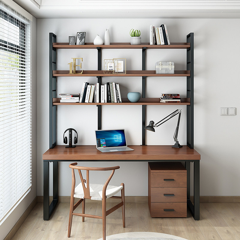北欧书桌书架组合一体桌电脑台式桌实木书桌简约loft办公桌带书柜_虎窝淘