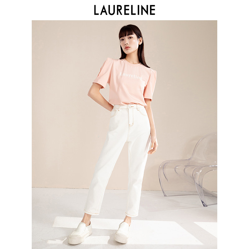 LAURELINE/洛瑞琳2022夏季新款短袖T恤女泡泡袖个性印花时尚舒适_虎窝淘
