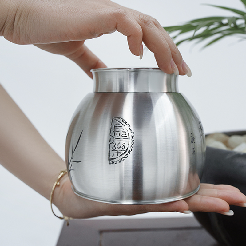 纯锡茶叶闲趣茶仓大号220g中号140g小号40g本色手工刻高端精品_虎窝淘