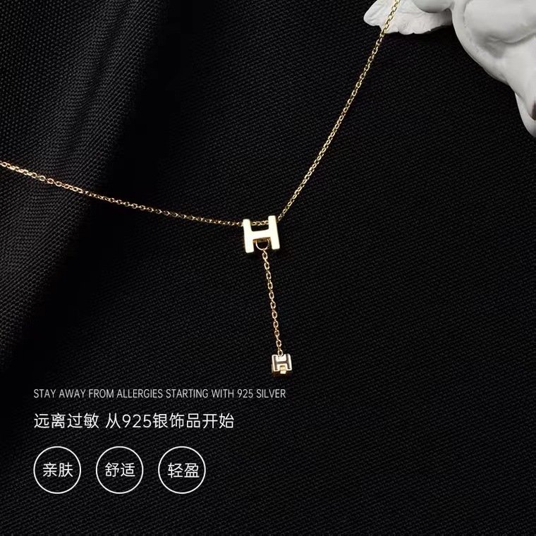 丽沁s925纯银项链女H字母轻奢ins小众毛衣链吊坠气质百搭配锁骨链_虎窝淘