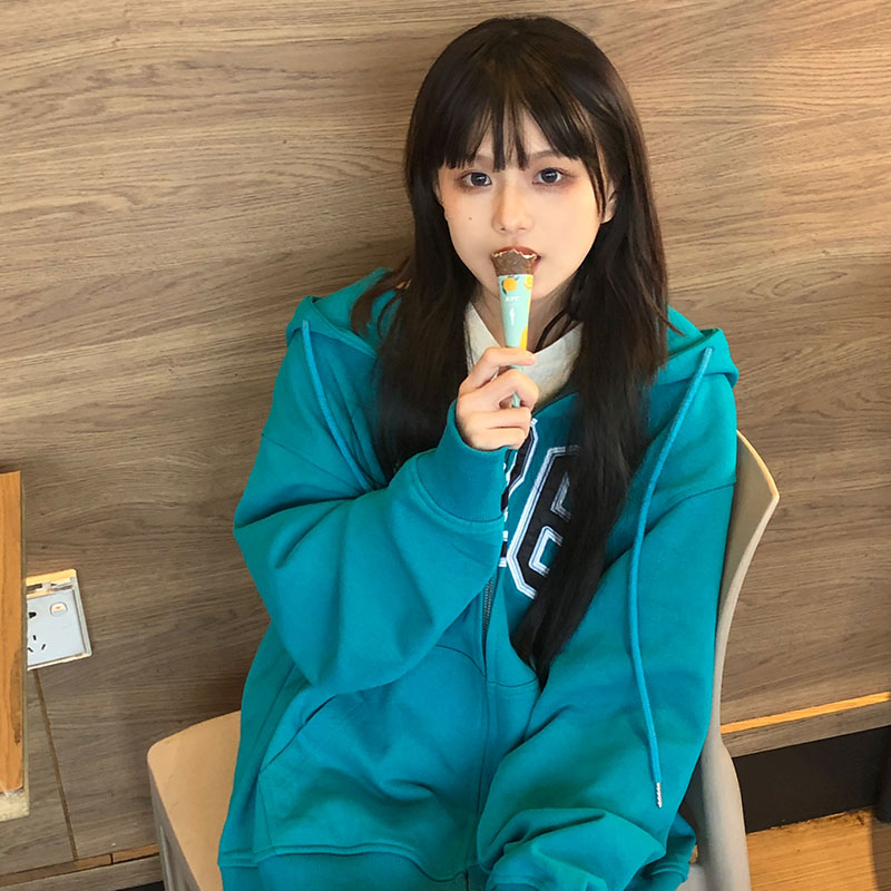 【F426官方店】国潮牌情侣春秋四色亮面LOGO开衫宽松街头外套_虎窝淘