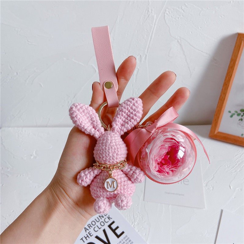 字母定制编织兔子钥匙扣可爱永生花汽车钥匙链包包挂件少女心礼物_虎窝淘