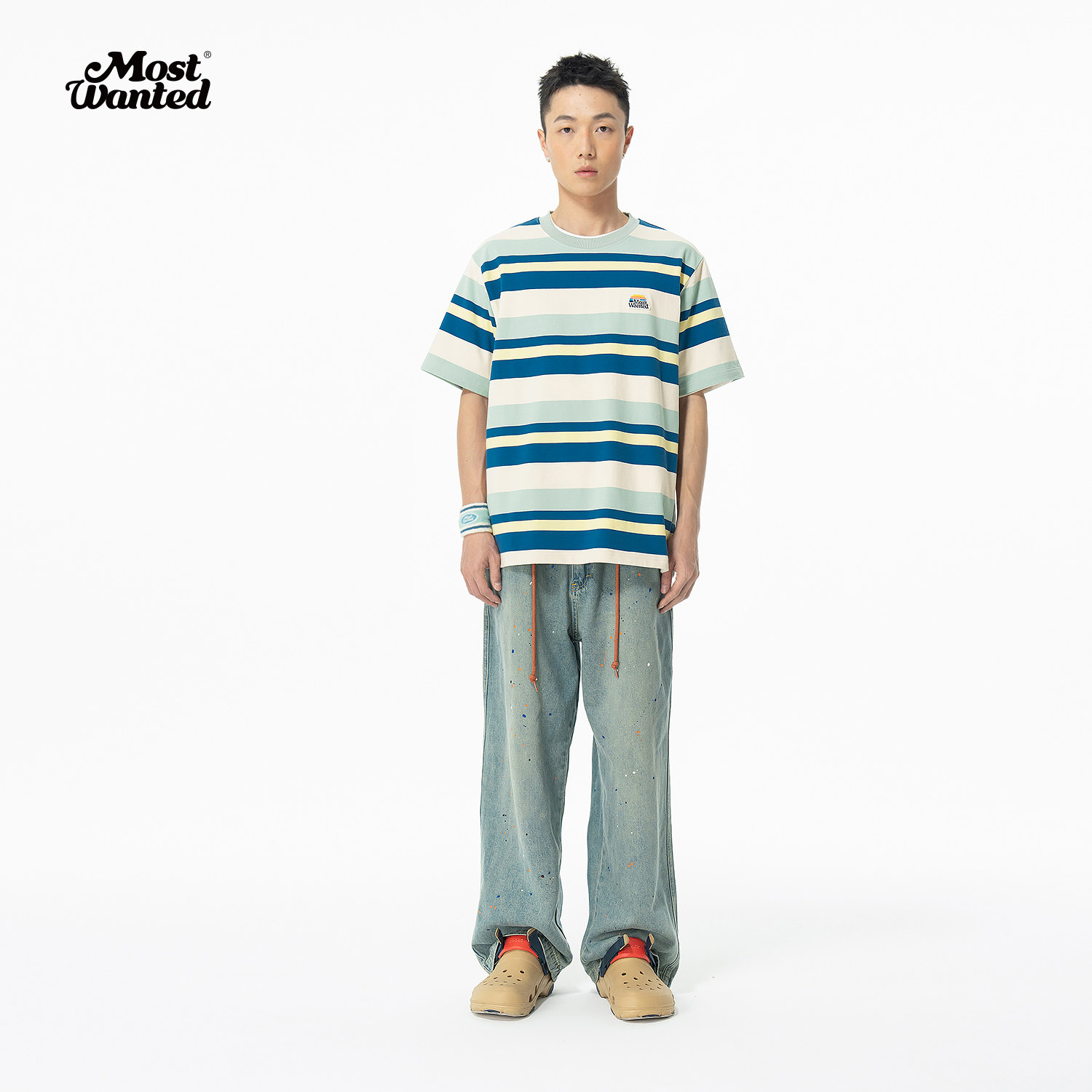 mostwantedlab定织撞色宽条纹T恤男短袖夏季薄款圆领情侣体恤MWTD_虎窝淘