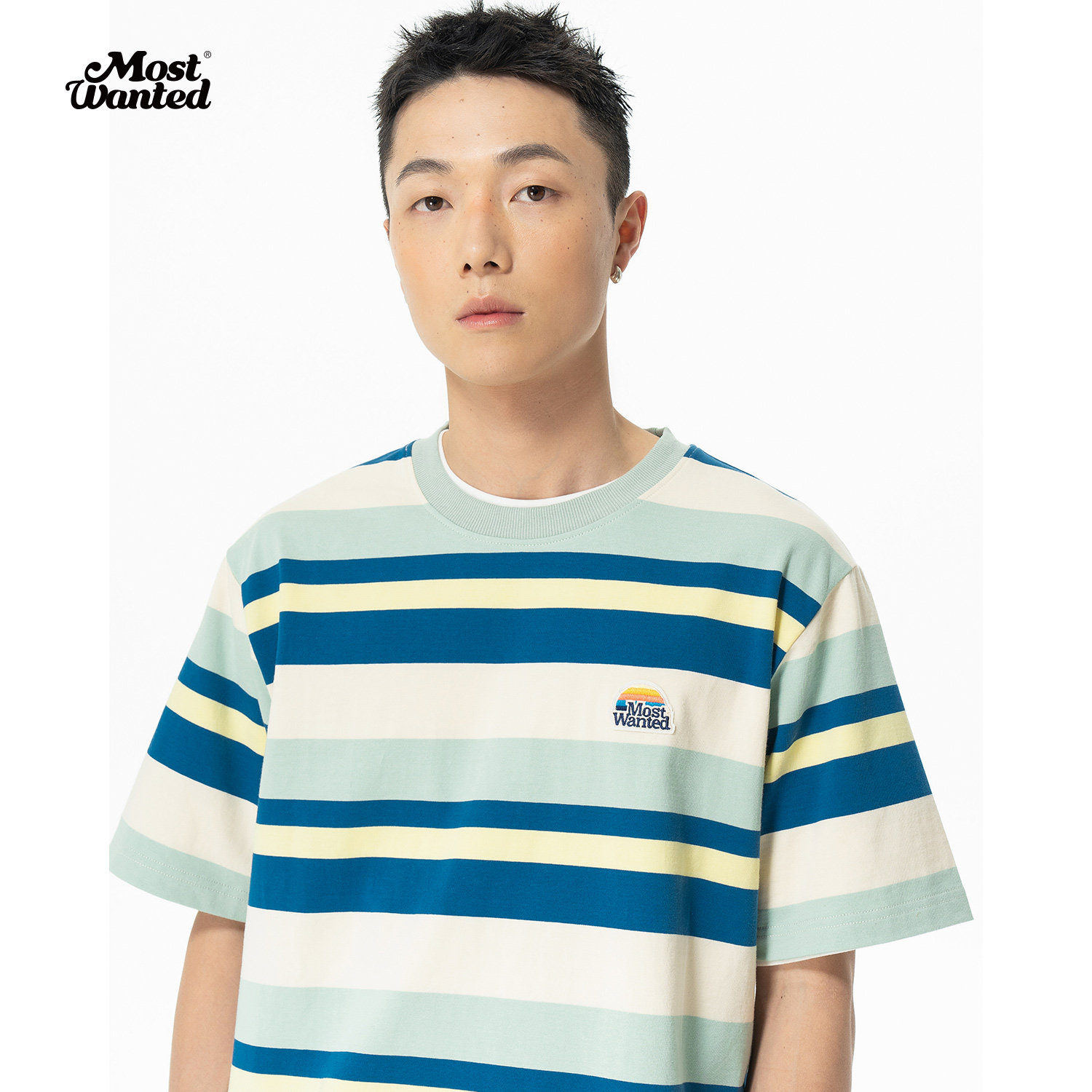 mostwantedlab定织撞色宽条纹T恤男短袖夏季薄款圆领情侣体恤MWTD_虎窝淘