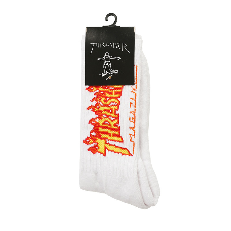 【THRASHER官方】FLAME SOCKS火焰logo印花黑白保暖长袜子_虎窝淘