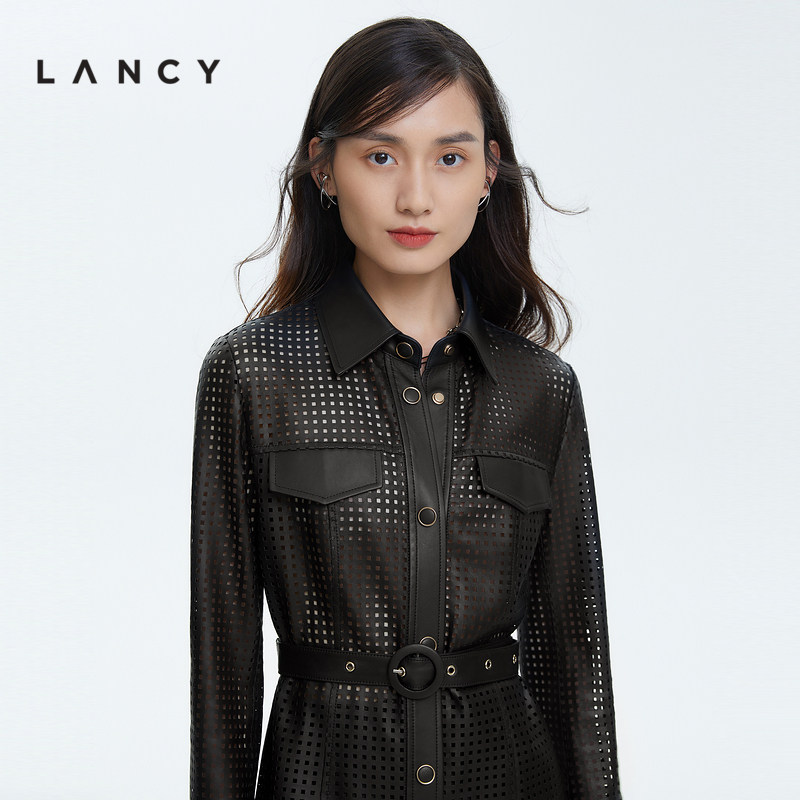 LANCY朗姿女装[波点游戏]22春夏新款显款绵羊皮衣外套衬衫领_虎窝淘