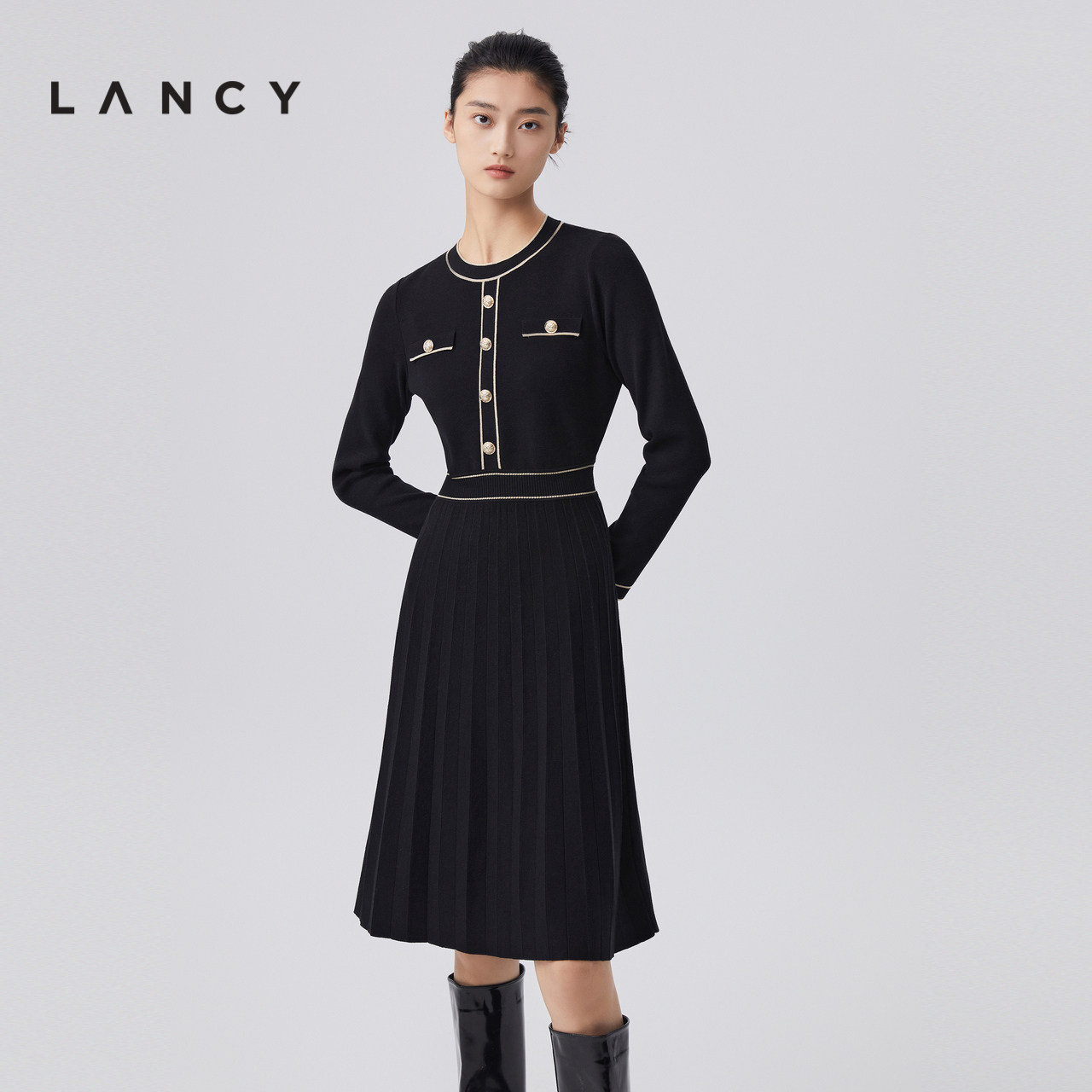 LANCY/朗姿2022秋季新款针织小香风连衣裙通勤优雅压褶收腰裙子女_虎窝淘
