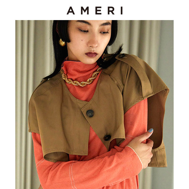 AMERI two-piece and take-off medium-length windbreaker rivet design retro long jacket 01220760010