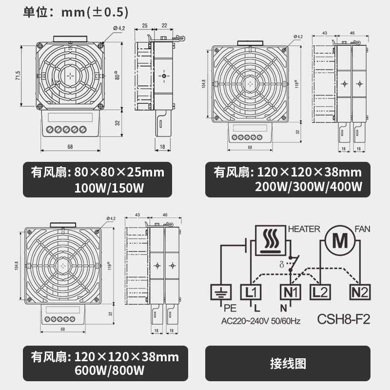 恩爵工业机柜风扇加热器CSH8-F2400配电柜除湿防冻100W~800W 220V_虎窝淘