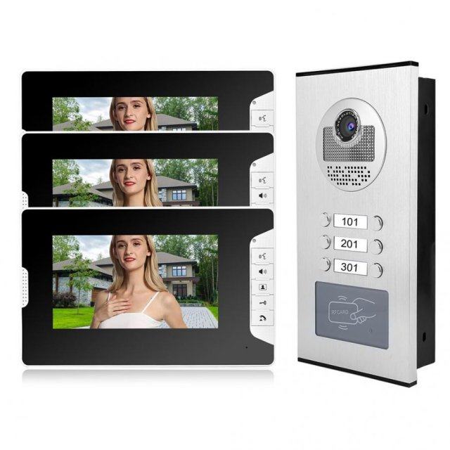 7in Video Intercom RFID Night Vision Doorbell 3 Monitors Sma_虎窝淘