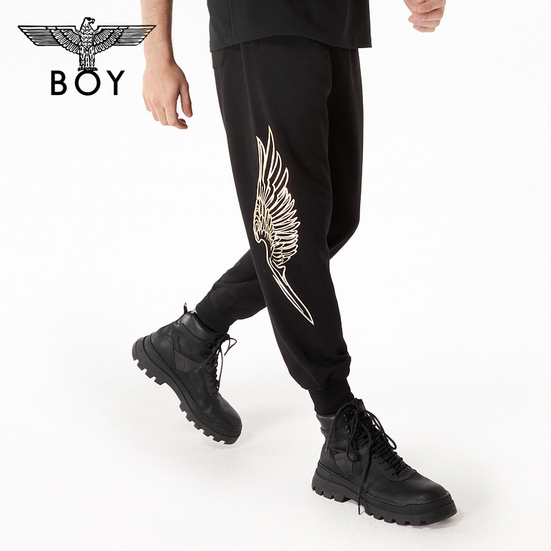 BOYLONDON秋季男女同款烫金老鹰翅膀哥特风朋克黑色卫裤N15012_虎窝淘
