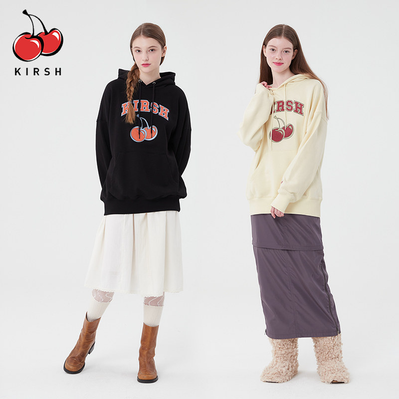 kirsh秋冬新款大樱桃LOGO字母刺绣卫衣宽松设计oversize连帽上衣_虎窝淘