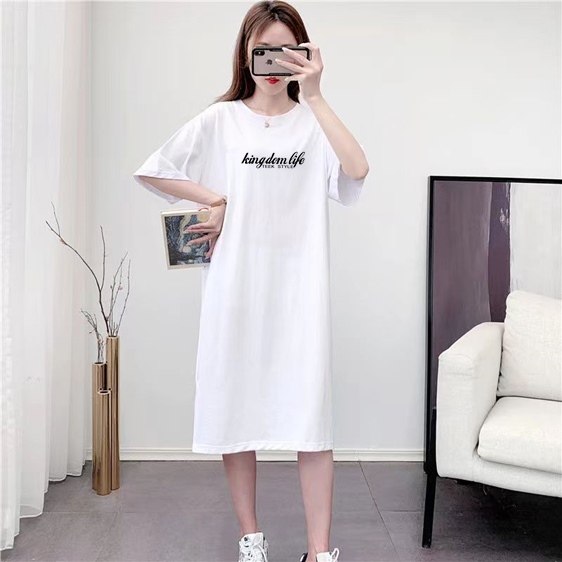 Cotton short -sleeved long skirt Korean loose over -the -knee T -shirt ...