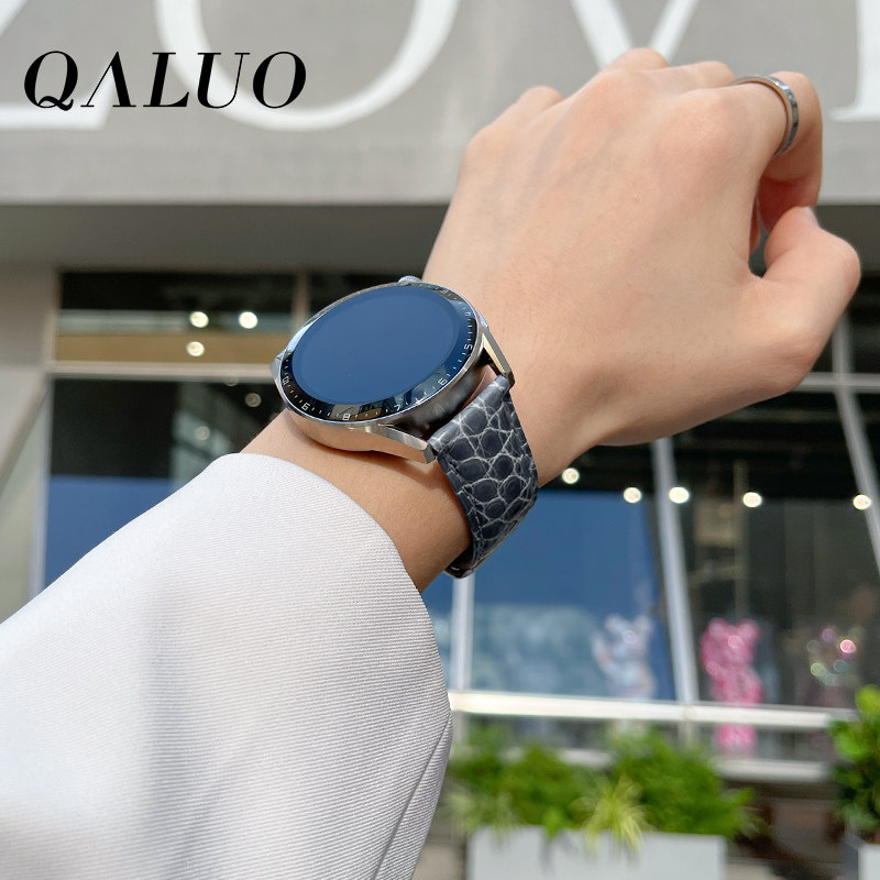 QALUO适用华为GT3手表GT1/GT2/2E表带Watchgt3荣耀Magic2新款Watch3/3Pro高级美洲鳄鱼皮真皮男女46/42 ...