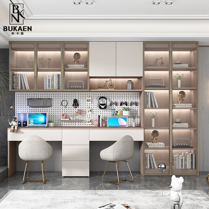 轻奢实木双人书桌书架一体组合家用整墙书柜台式电脑桌学习办公桌_虎窝淘