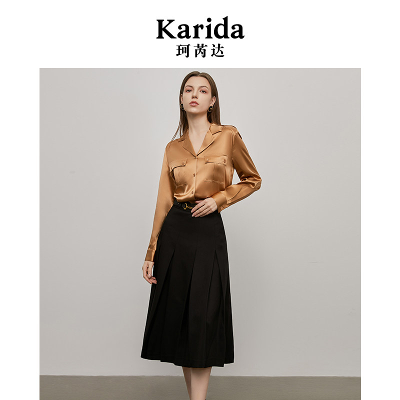 Karida/珂芮达重磅精致桑蚕丝西装领双口袋长袖衬衫_虎窝淘