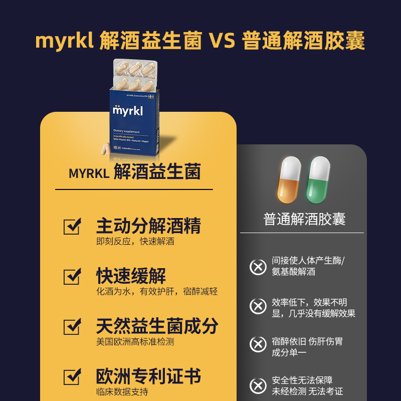 MYRKL益刻醒瑞典益生菌解酒药片30粒*1盒快速醒酒解酒护肝含维b12_虎窝淘