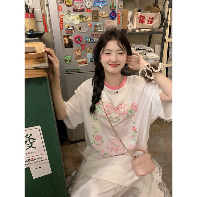 Fan Wenwen Tangdou Girl Sweet Printed T-shirt for Women in Summer Lace ...