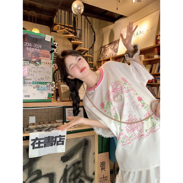 Fan Wenwen Tangdou Girl Sweet Printed T-shirt for Women in Summer Lace ...