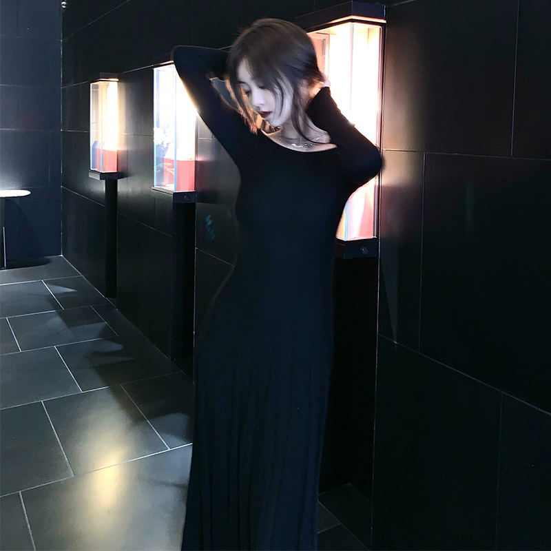 GYOKUU 2022秋季黑色一字肩气质高级感针织长裙仙女裙淑女连衣裙_虎窝淘