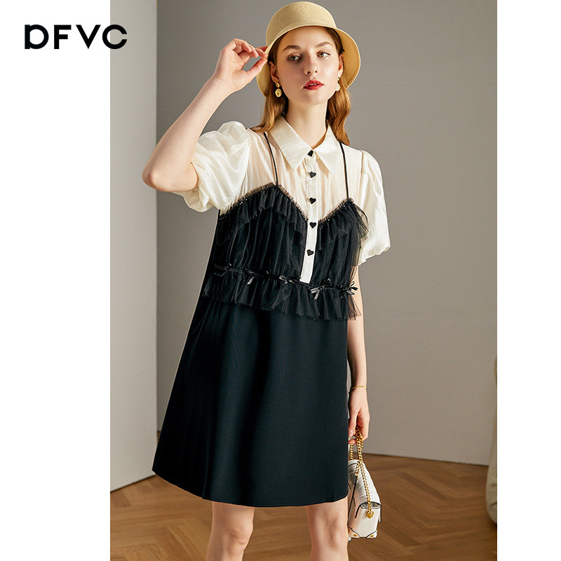 dfvc拼接假两件衬衫裙泡泡袖连衣裙女夏2023新款宽松poloa字裙子_虎窝淘