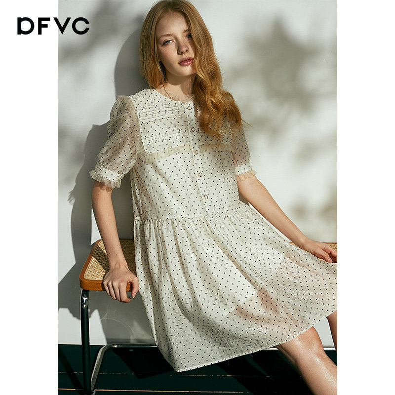 dfvc法式波点泡泡袖连衣裙女夏2024新款网纱木耳边娃娃领a字裙子_虎窝淘